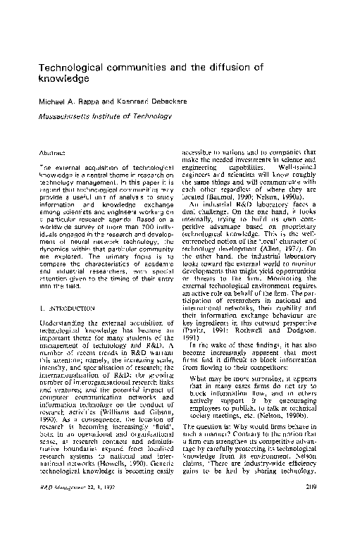 (PDF) Technological communities and the diffusion of knowledge