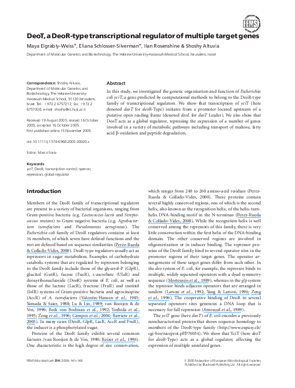 (PDF) DeoT, a DeoR-type transcriptional regulator of multiple target genes