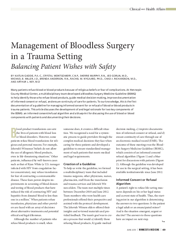 (PDF) Management of bloodless surgery in a trauma setting. Balancing ...