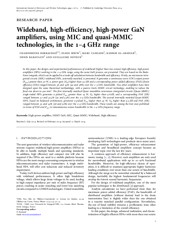 (PDF) Wideband, high-efficiency, high-power GaN amplifiers, using MIC and quasi-MMIC ...