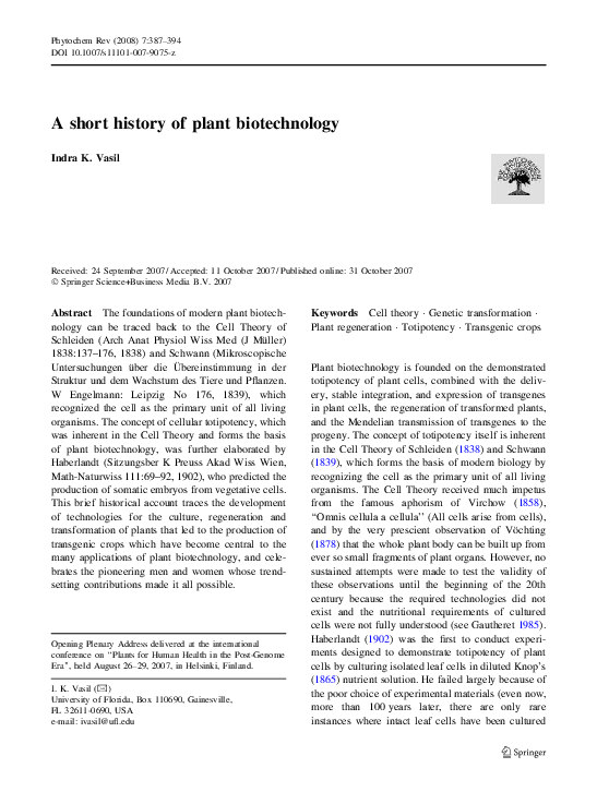 (PDF) A short history of plant biotechnology