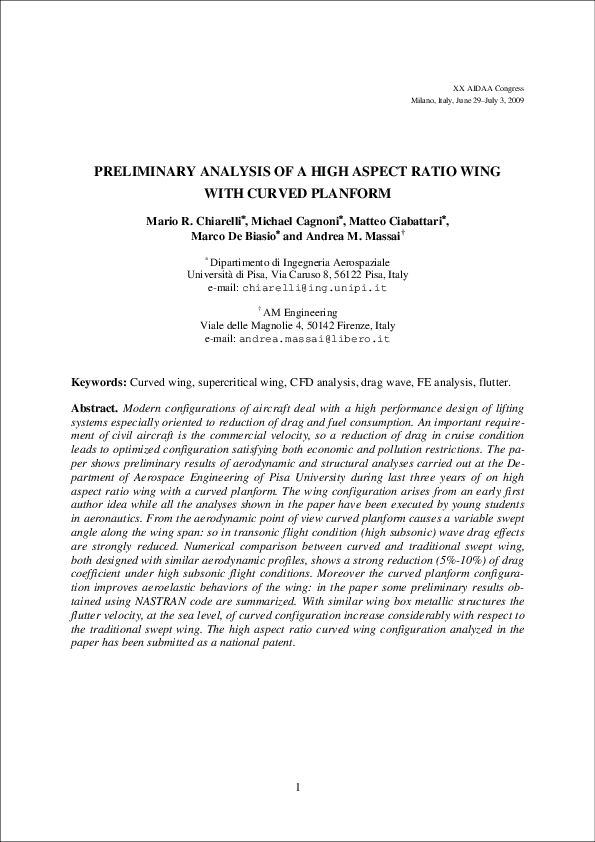 (PDF) Preliminary Analysis of a High Aspect Ratio Wing with Curved Planform