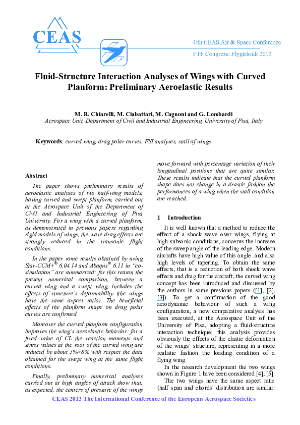 (PDF) Fluid-Structure Interaction Analyses of Wings with Curved Planform: Preliminary ...