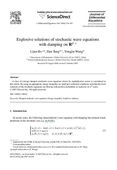 Pdf Explosive Solutions Of Stochastic Wave Equations With Damping On R D