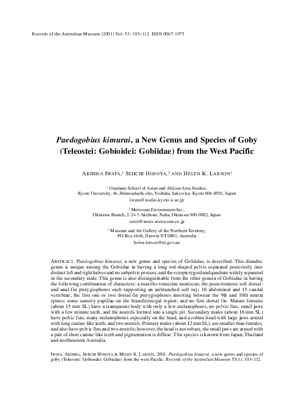 (PDF) Paedogobius kimurai, a New Genus and Species of Goby (Teleostei ...