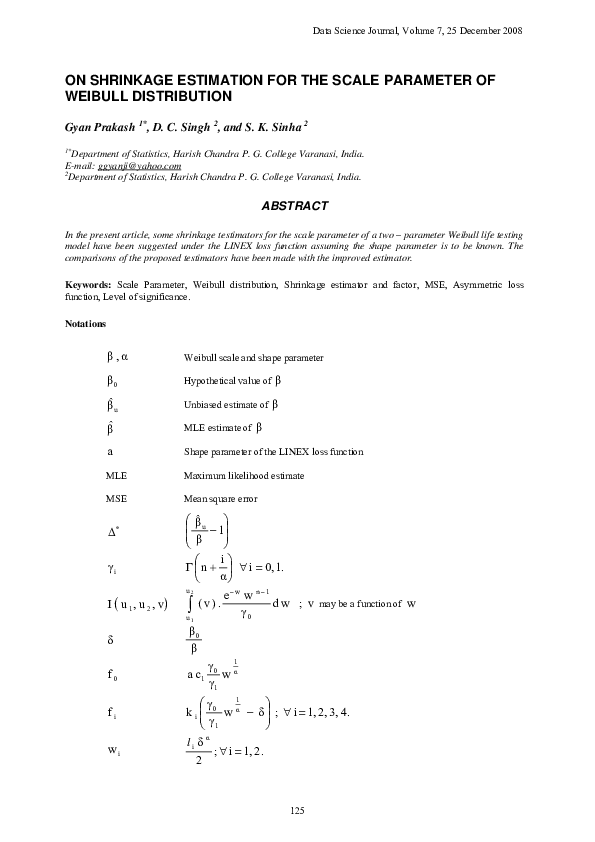 Pdf On Shrinkage Estimation For The Scale Parameter Of Weibull Distribution