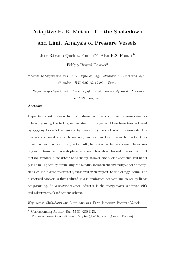 (PDF) Adaptive F.E. method for the shakedown and limit analysis of pressure vessels