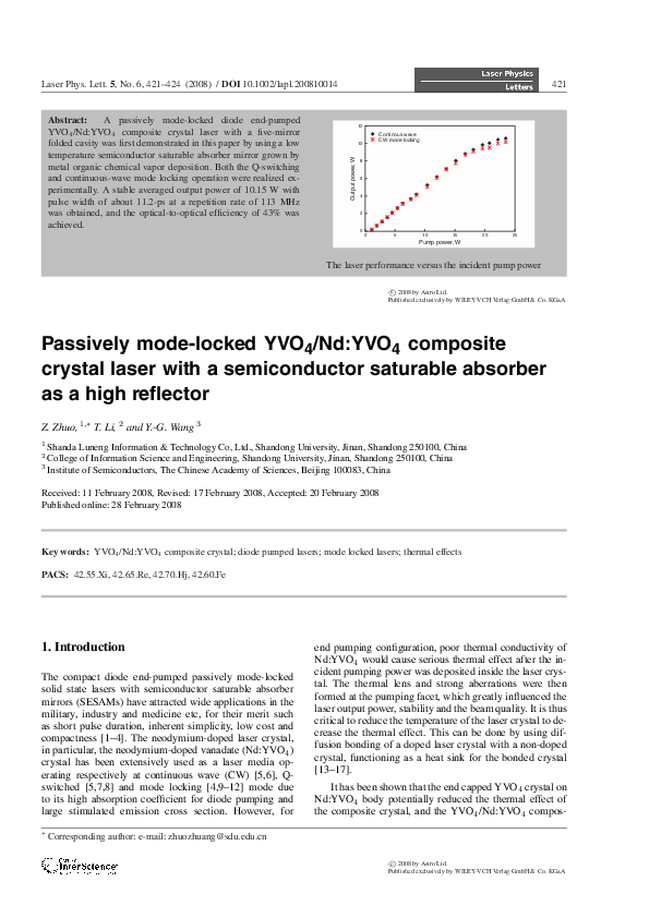 (PDF) Passively mode-locked YVO4/Nd:YVO4composite crystal green laser with a semiconductor ...