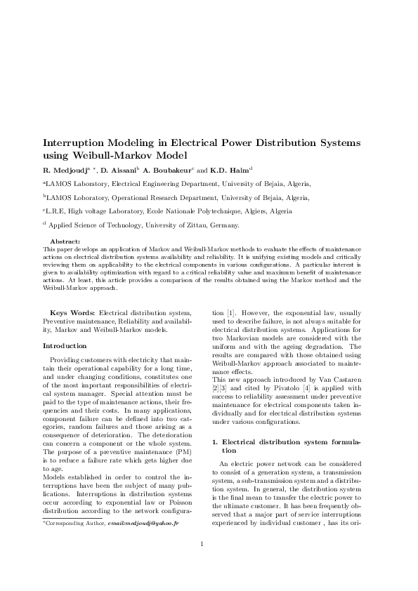 (PDF) Interruption modelling in electrical power distribution systems using the Weibull–Markov model