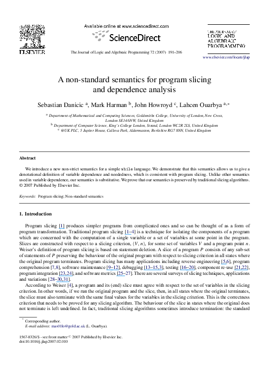 (PDF) A non-standard semantics for program slicing and dependence analysis