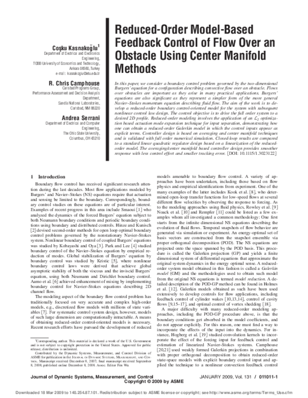 (PDF) Reduced-Order Model-Based Feedback Control of Flow Over an Obstacle Using Center Manifold ...