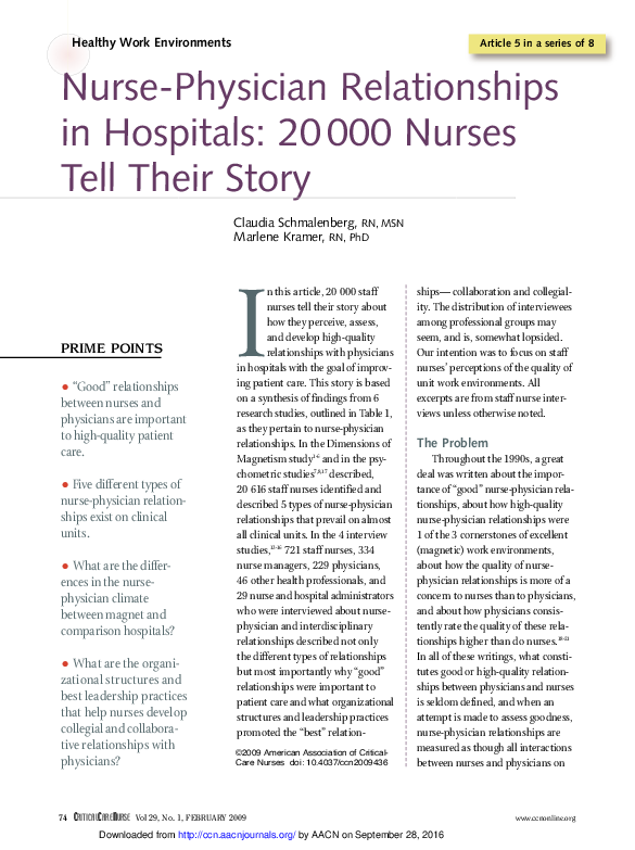 (PDF) Nurse-Physician Relationships in Hospitals: 20 000 Nurses Tell Their Story