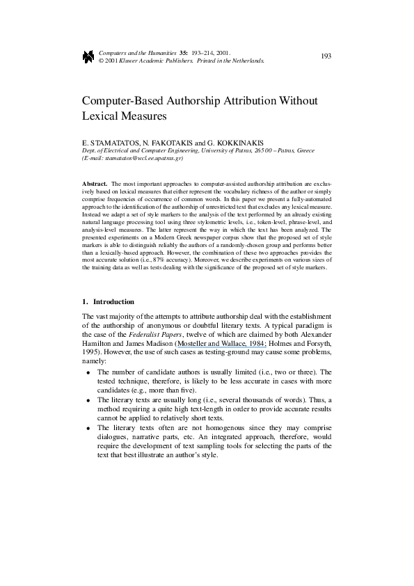 (PDF) Computer-Based Authorship Attribution Without Lexical Measures