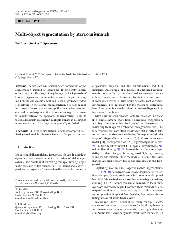(PDF) Multi-object segmentation by stereo mismatch