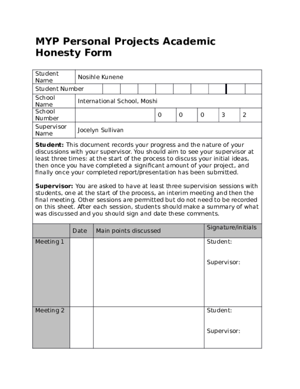 (DOC) MYP Personal Projects Academic Honesty Form
