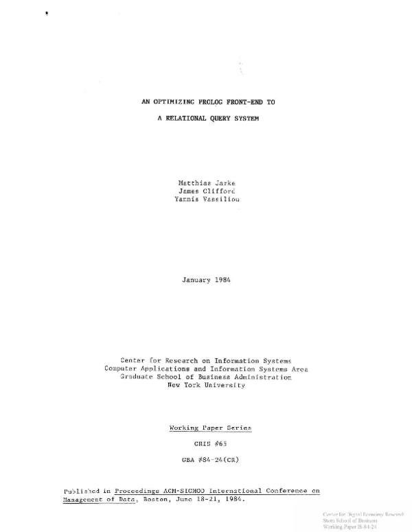 (PDF) An Optimizing Prolog Front-End to a Relational Query System