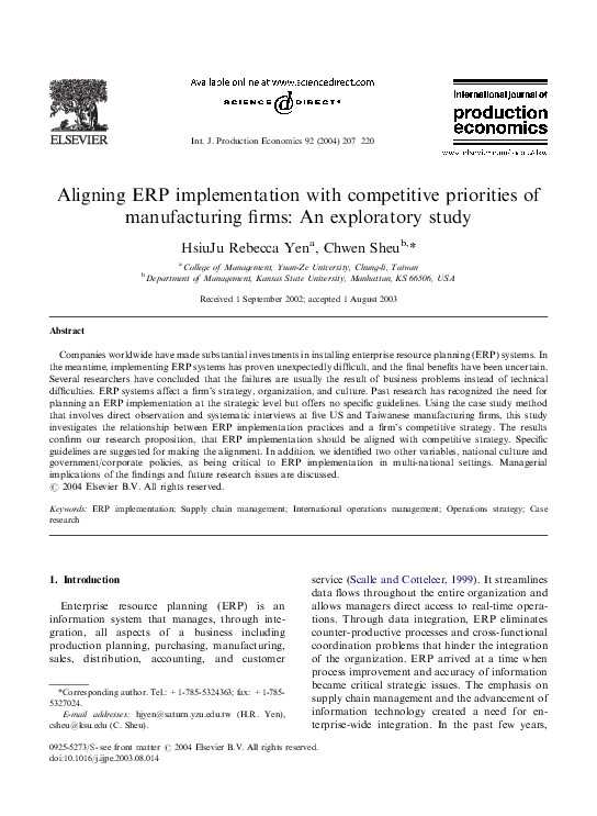 (PDF) Aligning ERP implementation with competitive priorities of manufacturing firms: An ...