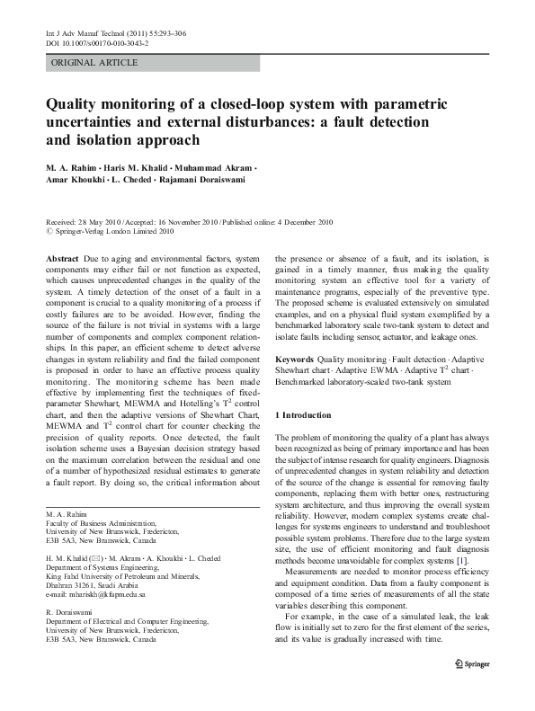Pdf Quality Monitoring Of A Closed Loop System With Parametric