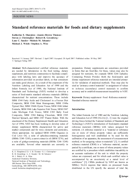 (PDF) Standard reference materials for foods and dietary supplements