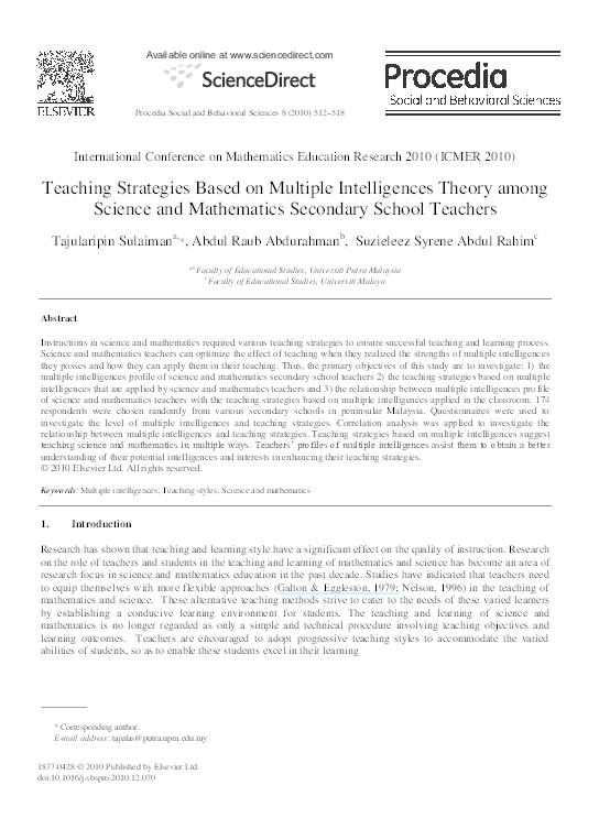 (PDF) Teaching Strategies Based on Multiple Intelligences Theory among Science and Mathematics ...