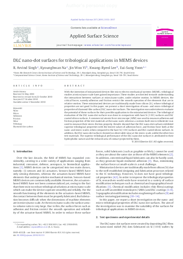(PDF) DLC nano-dot surfaces for tribological applications in MEMS devices
