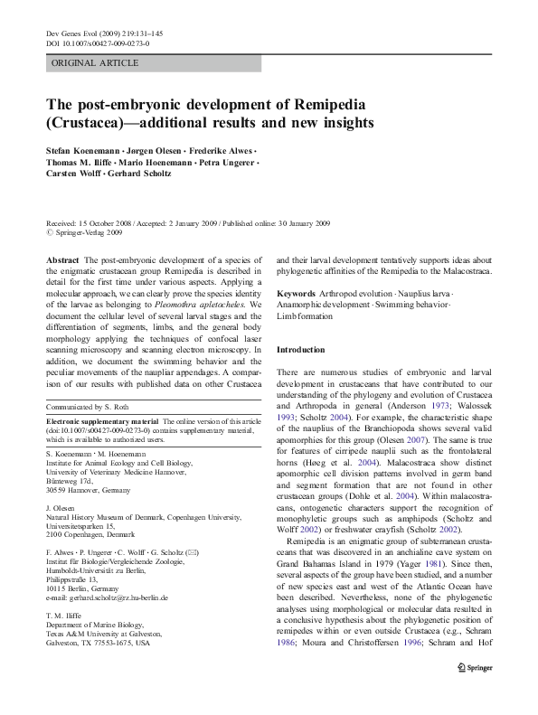 (PDF) The post-embryonic development of Remipedia (Crustacea ...