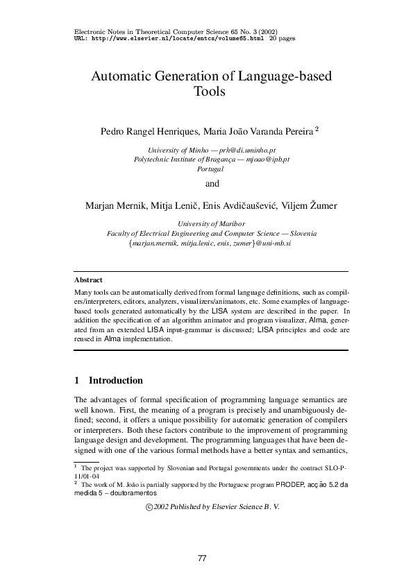 (PDF) Automatic Generation of Language-based Tools