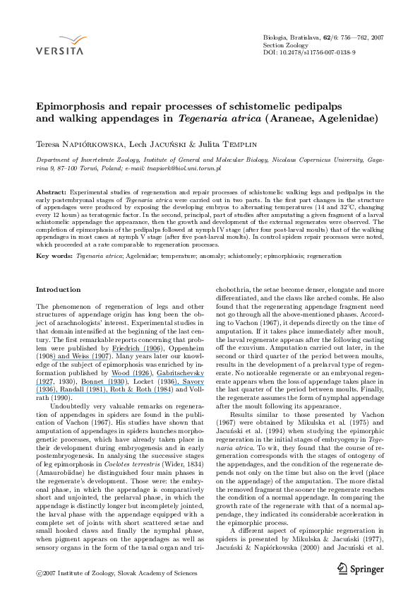 (PDF) Epimorphosis and repair processes of schistomelic pedipalps and ...