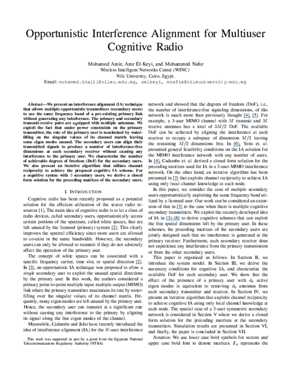(PDF) Opportunistic interference alignment for multiuser cognitive radio