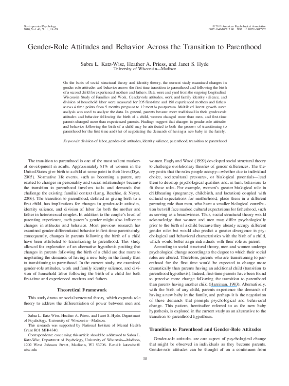 (PDF) Gender-Role Attitudes and Behavior Across the Transition to Parenthood