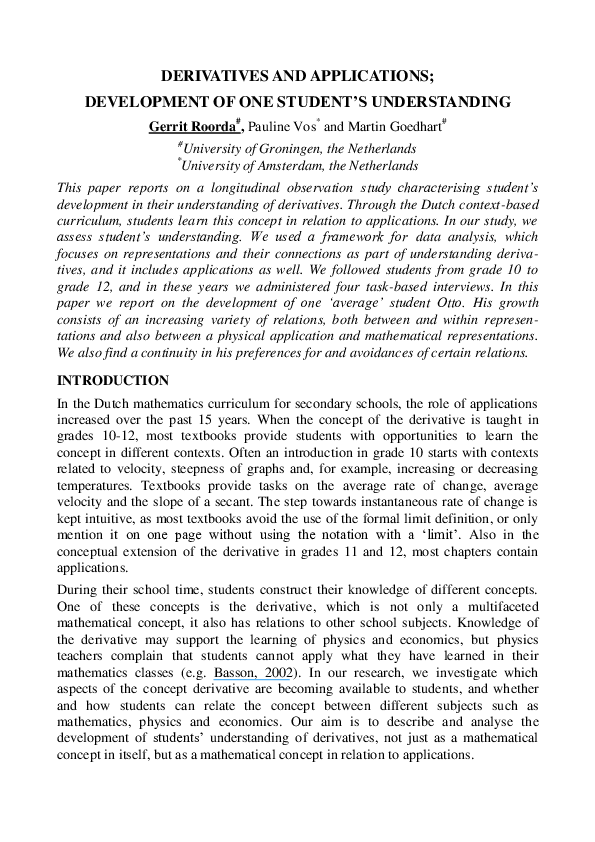 (PDF) Derivatives in Applications: Describing Students’ Understanding