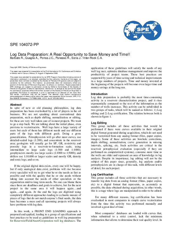 (PDF) SPE Paper 104072 LOG DATA PREPARATION. A REAL OPORTUNITY TO SAVE ...