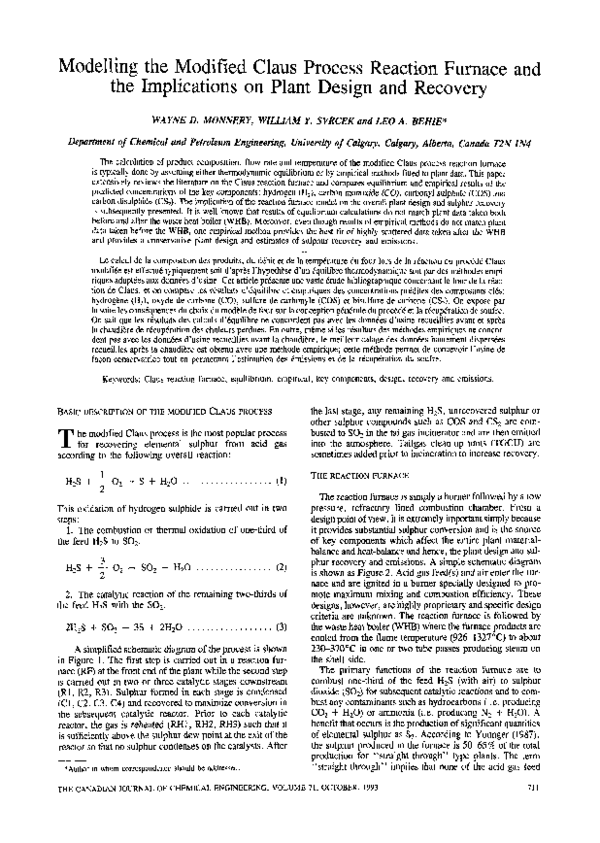 (PDF) Modelling the modified claus process reaction furnace and the ...