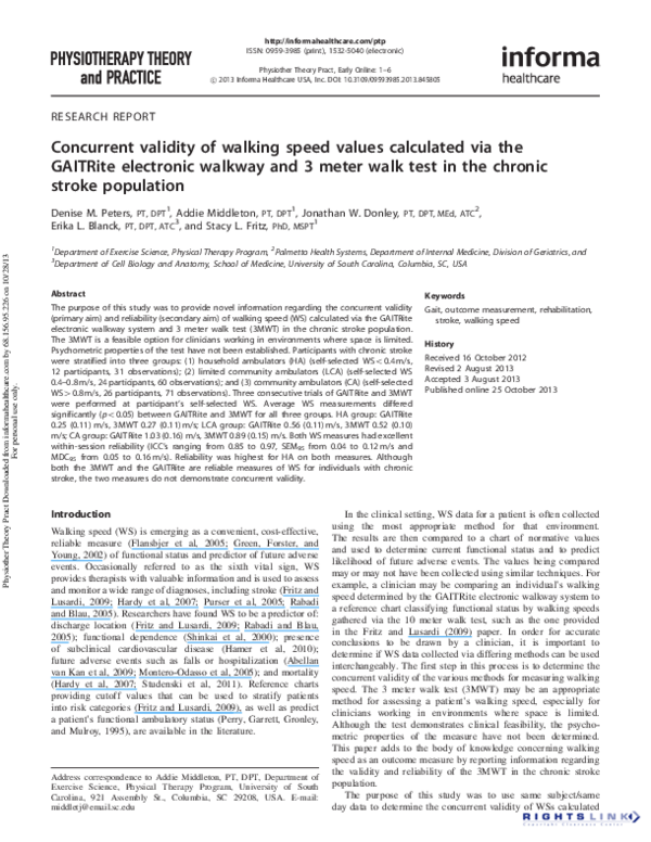 (PDF) Concurrent validity of walking speed values calculated via the ...