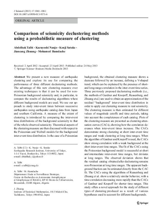 Pdf Comparison Of Seismicity Declustering Methods Using A