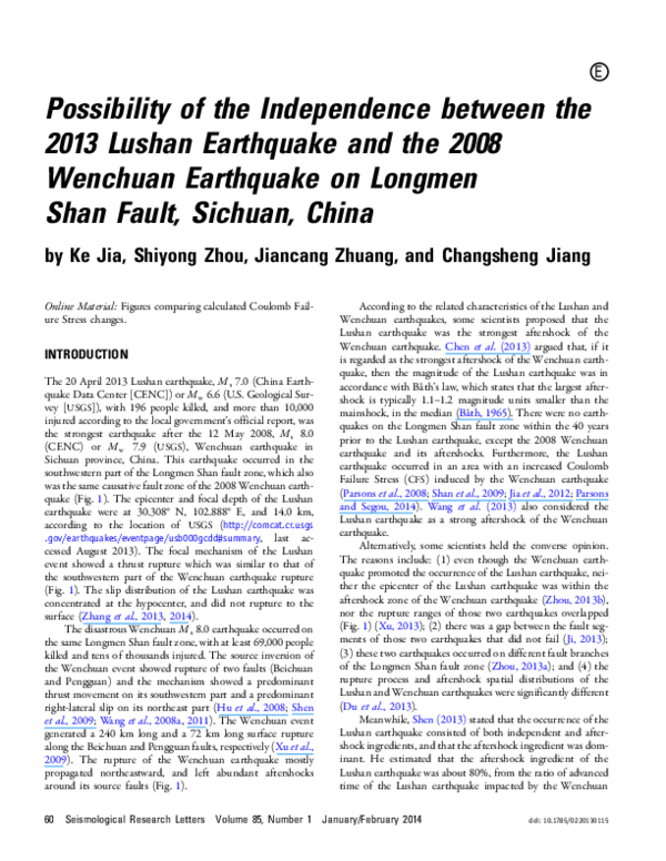 (PDF) Possibility of the Independence between the 2013 Lushan ...