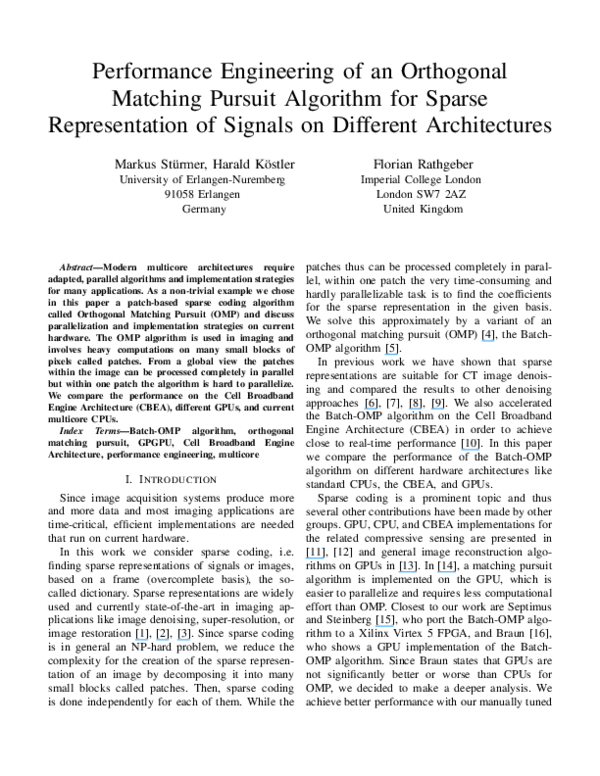 Pdf Performance Engineering Of An Orthogonal Matching Pursuit Algorithm For Sparse
