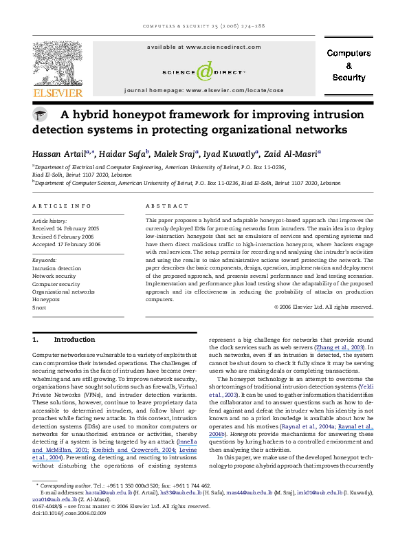 Pdf A Hybrid Honeypot Framework For Improving Intrusion Detection Systems In Protecting