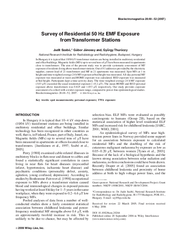 (PDF) Survey of residential 50 Hz EMF exposure from transformer stations