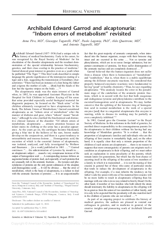 (PDF) Archibald Edward Garrod and alcaptonuria: “Inborn errors of ...