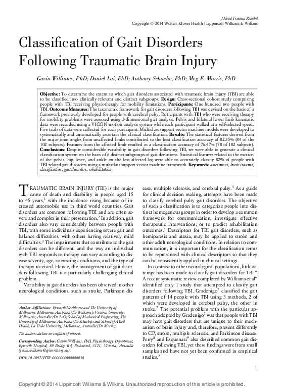 (PDF) Classification of Gait Disorders Following Traumatic Brain Injury