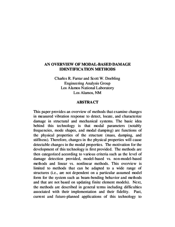(PDF) AN OVERVIEW OF MODAL-BASED DAMAGE IDENTIFICATION METHODS