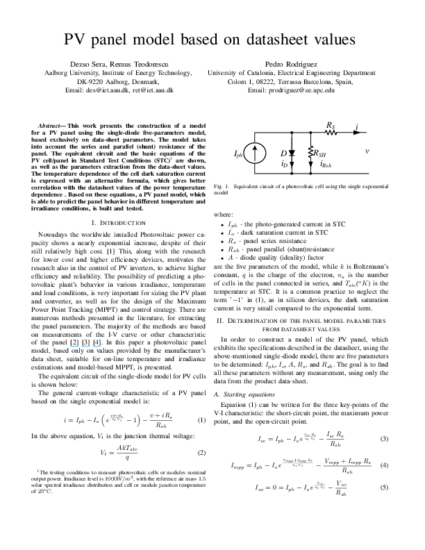 (PDF) PV panel model based on datasheet values