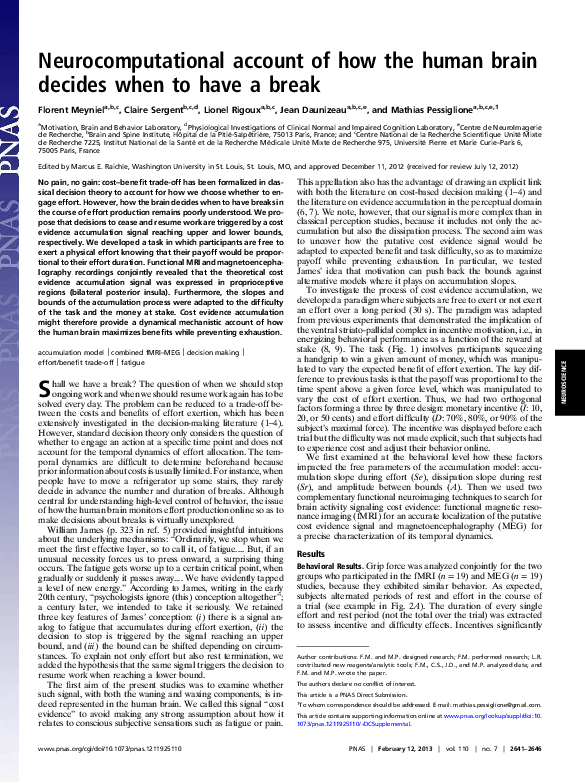 (PDF) Neurocomputational account of how the human brain decides when to have a break