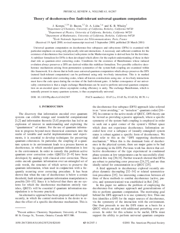 (PDF) Theory of decoherence-free fault-tolerant universal quantum computation