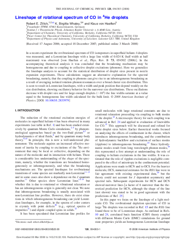 (PDF) Lineshape of rotational spectrum of CO in [sup 4]He droplets
