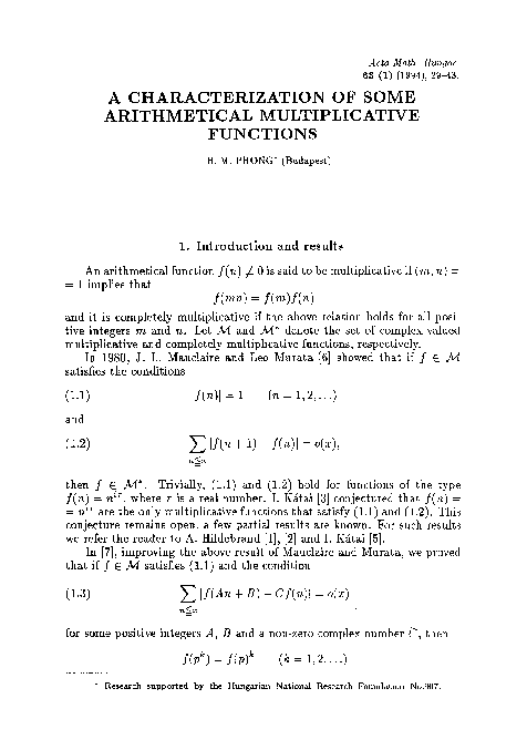 Pdf A Characterization Of Some Arithmetical Multiplicative Functions