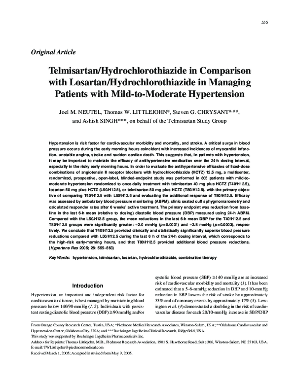 (PDF) Telmisartan/Hydrochlorothiazide in Comparison with Losartan/Hydrochlorothiazide in ...