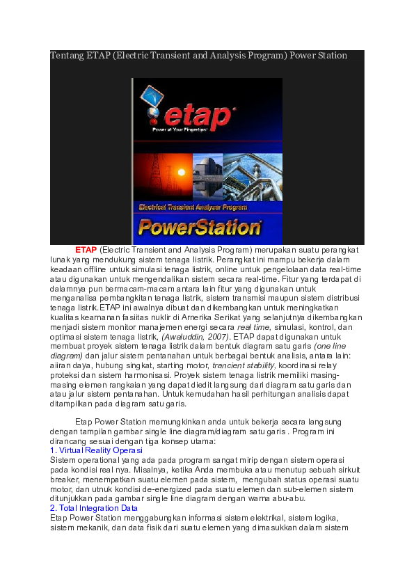 (DOC) Tentang ETAP (Electric Transient and Analysis Program) Power Station