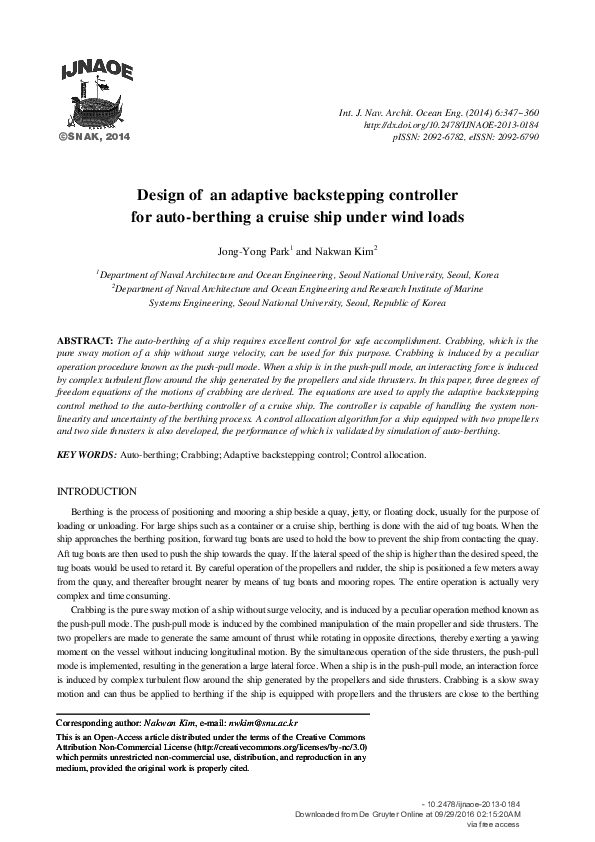 Pdf Design Of An Adaptive Backstepping Controller For Auto Berthing A